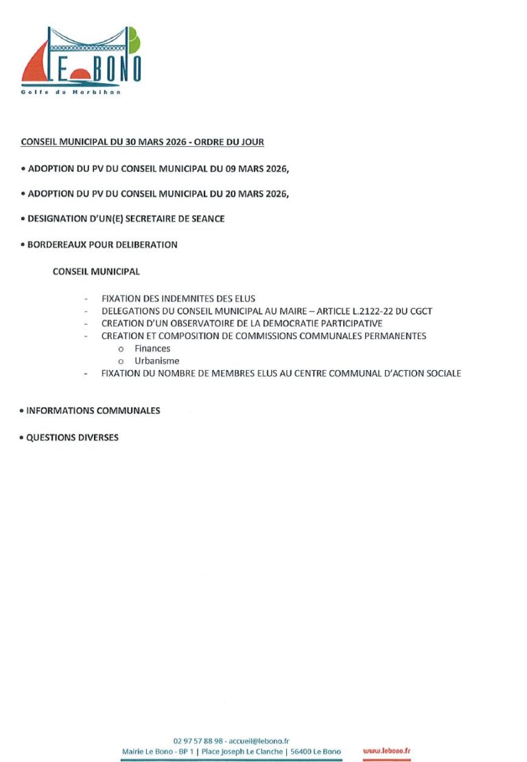 Conseil municipal – lundi 30 mars 2026 | Mairie Le Bono